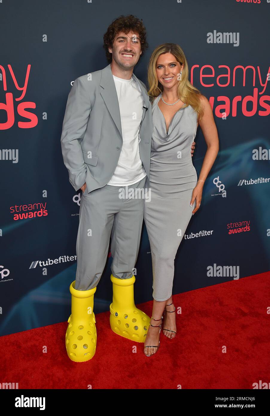 Airrack, left, and Hope Lavine arrive at the Streamy Awards on Sunday ...