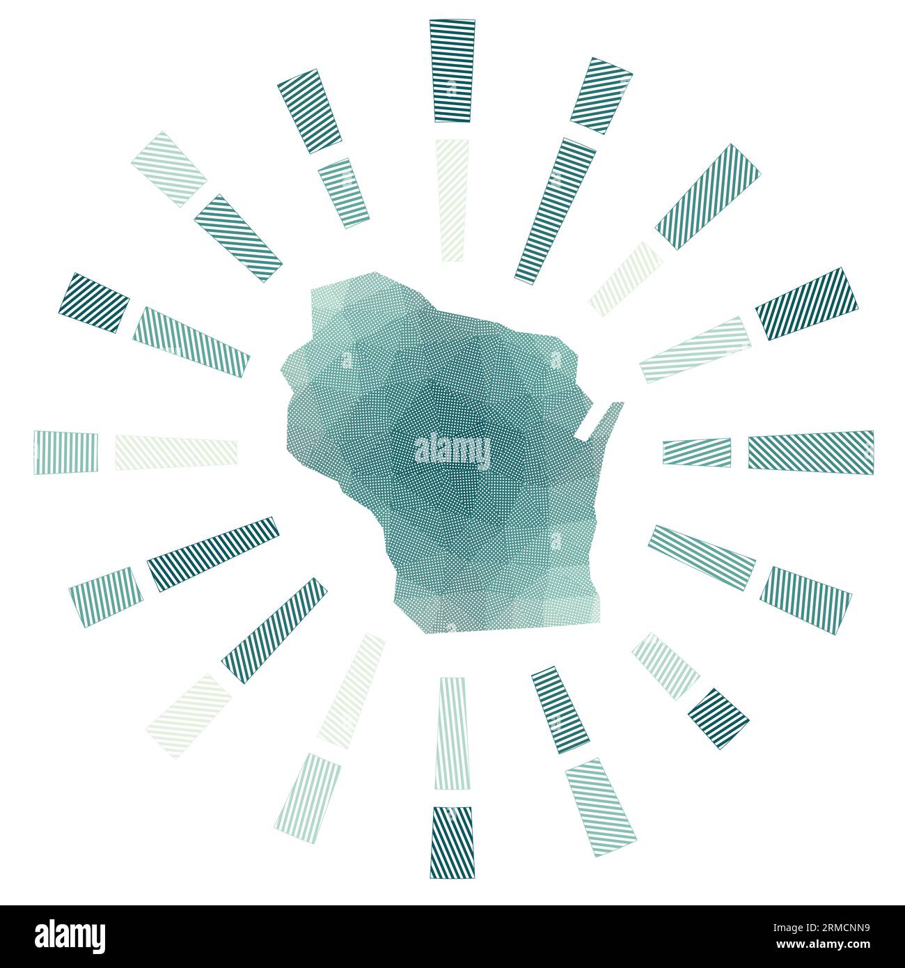 Wisconsin sunburst. Low poly striped rays and map of the us state ...