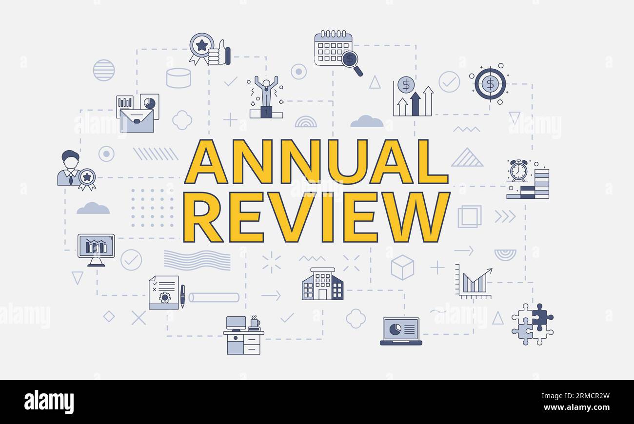 annual review concept with icon set with big word or text on center ...