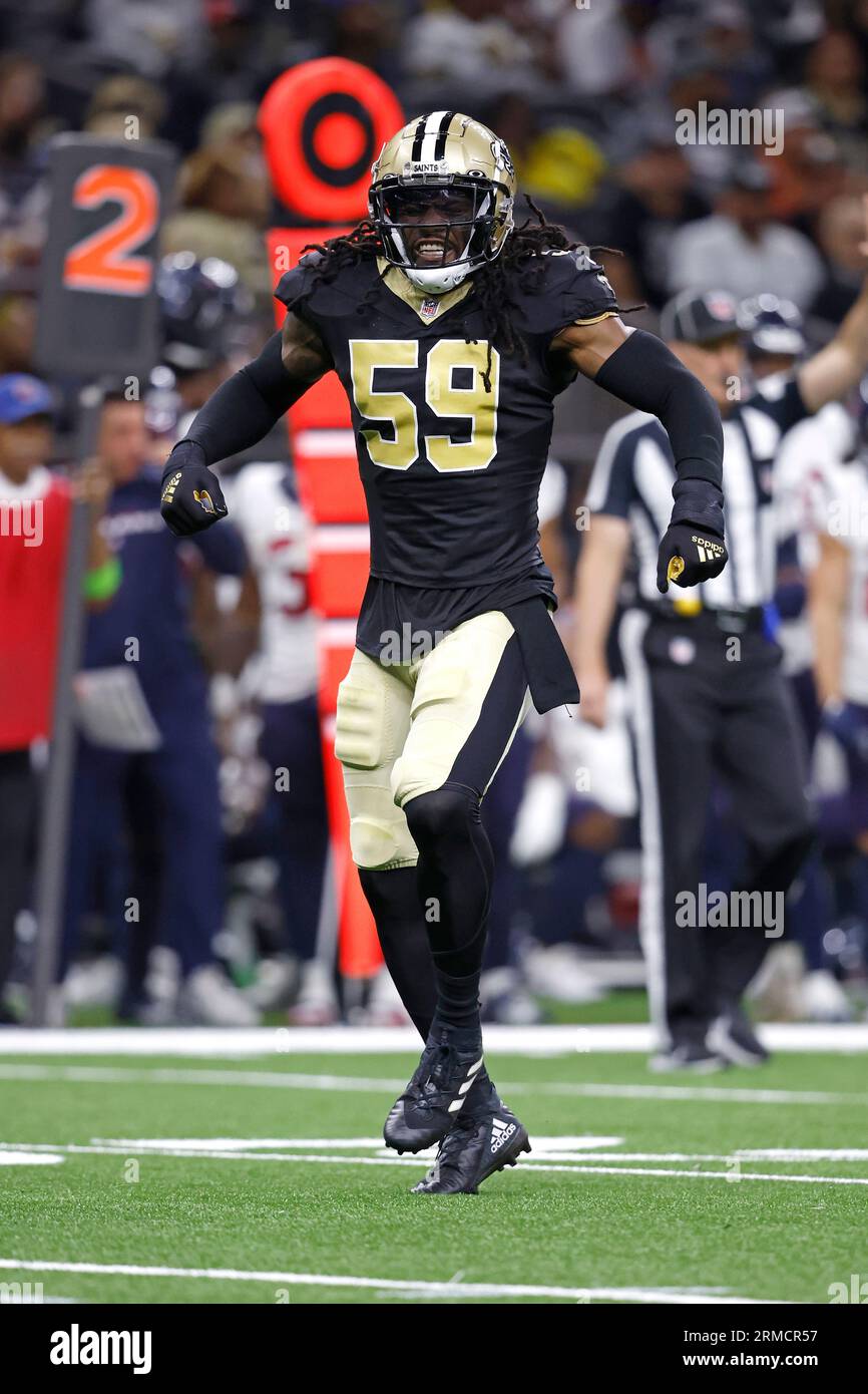 New Orleans Saints linebacker Jaylon Smith (59) reacts after a play ...