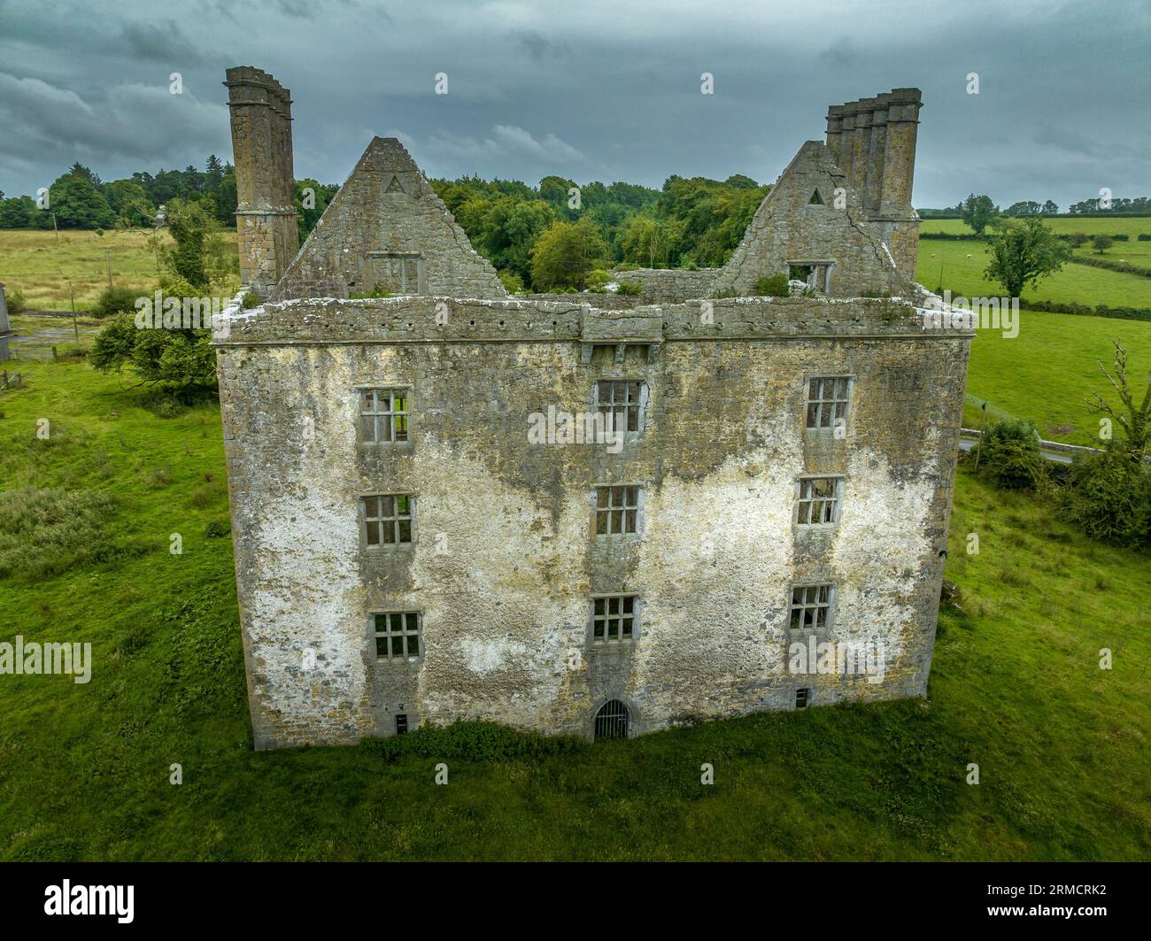Aerial view of Glinsk castle medieval fortified tower house in Ireland ...
