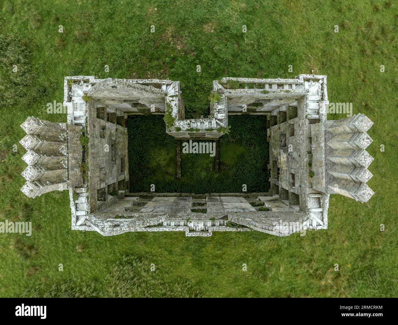 Aerial view of Glinsk castle medieval fortified tower house in Ireland ...