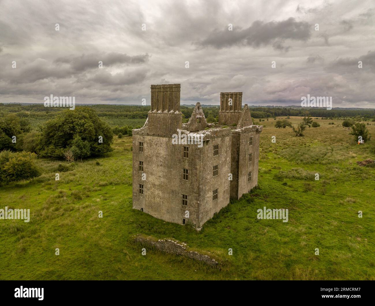 Aerial view of Glinsk castle medieval fortified tower house in Ireland ...
