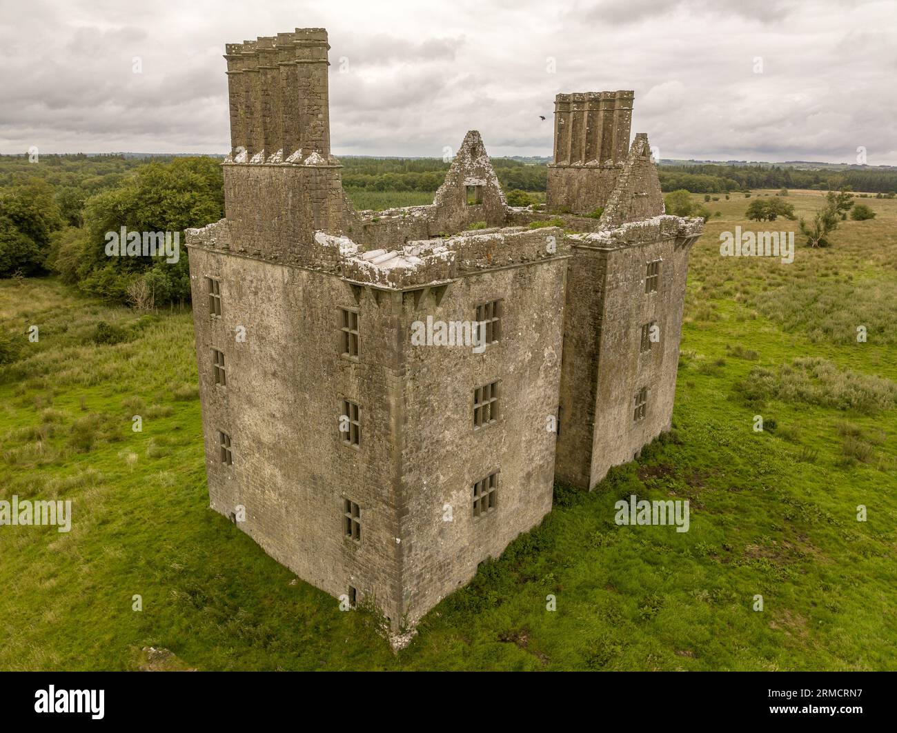 Aerial view of Glinsk castle medieval fortified tower house in Ireland ...