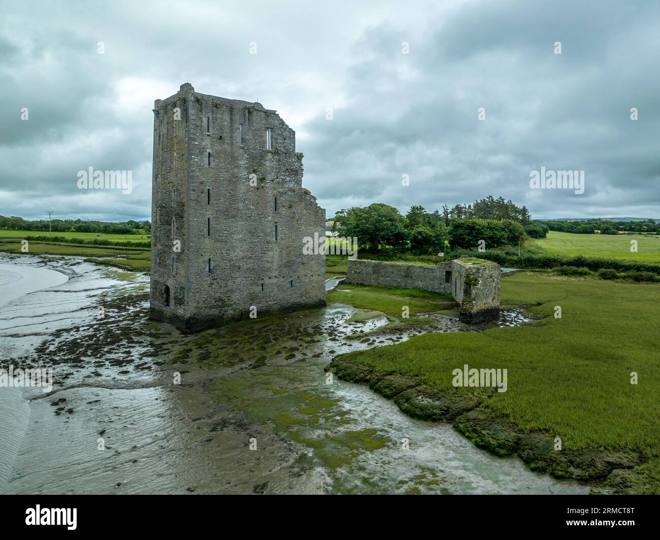 Aerial view of Carrigafoyle castle, ruined Irish tower house in Munster ...