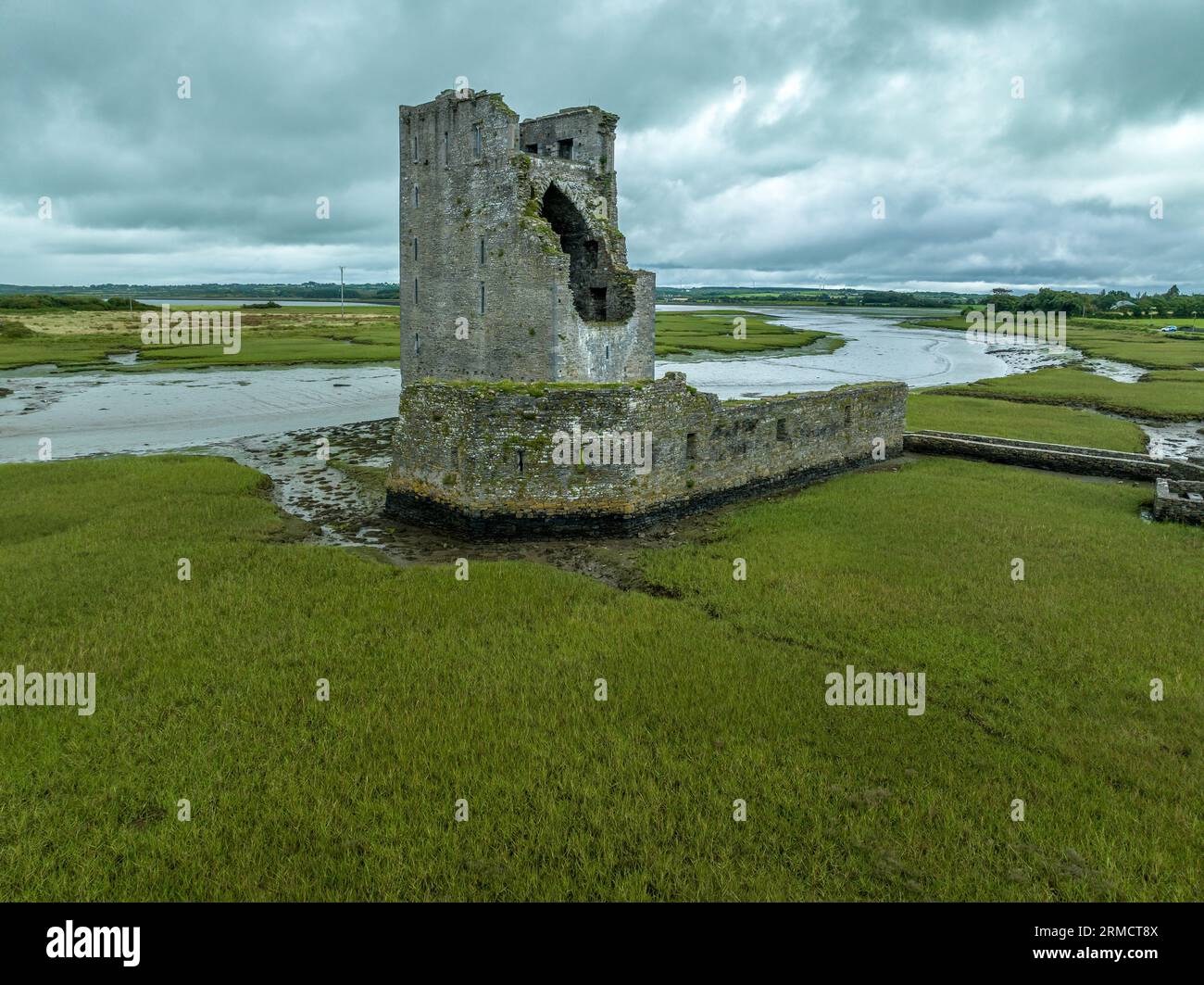Aerial view of Carrigafoyle castle, ruined Irish tower house in Munster ...