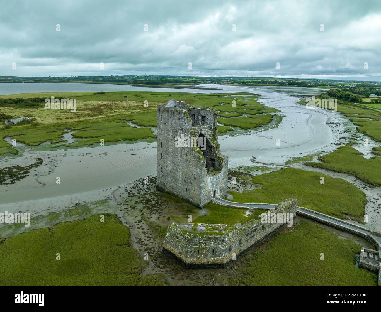 Aerial view of Carrigafoyle castle, ruined Irish tower house in Munster ...