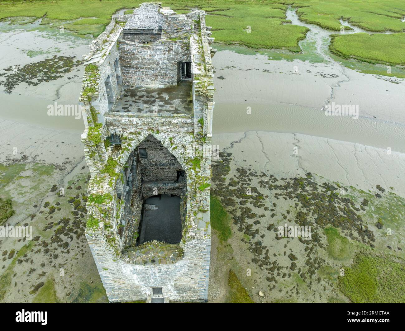 Aerial view of Carrigafoyle castle, ruined Irish tower house in Munster ...