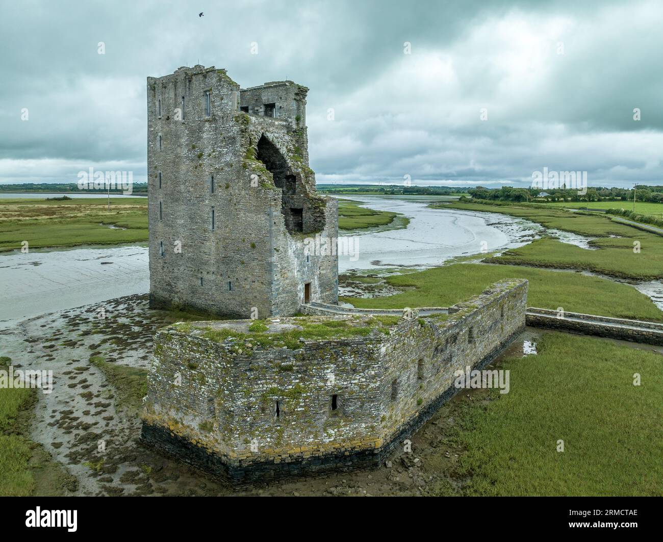 Aerial view of Carrigafoyle castle, ruined Irish tower house in Munster ...