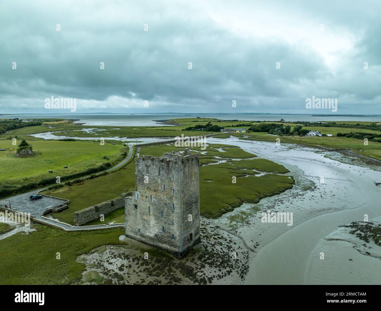 Aerial view of Carrigafoyle castle, ruined Irish tower house in Munster ...