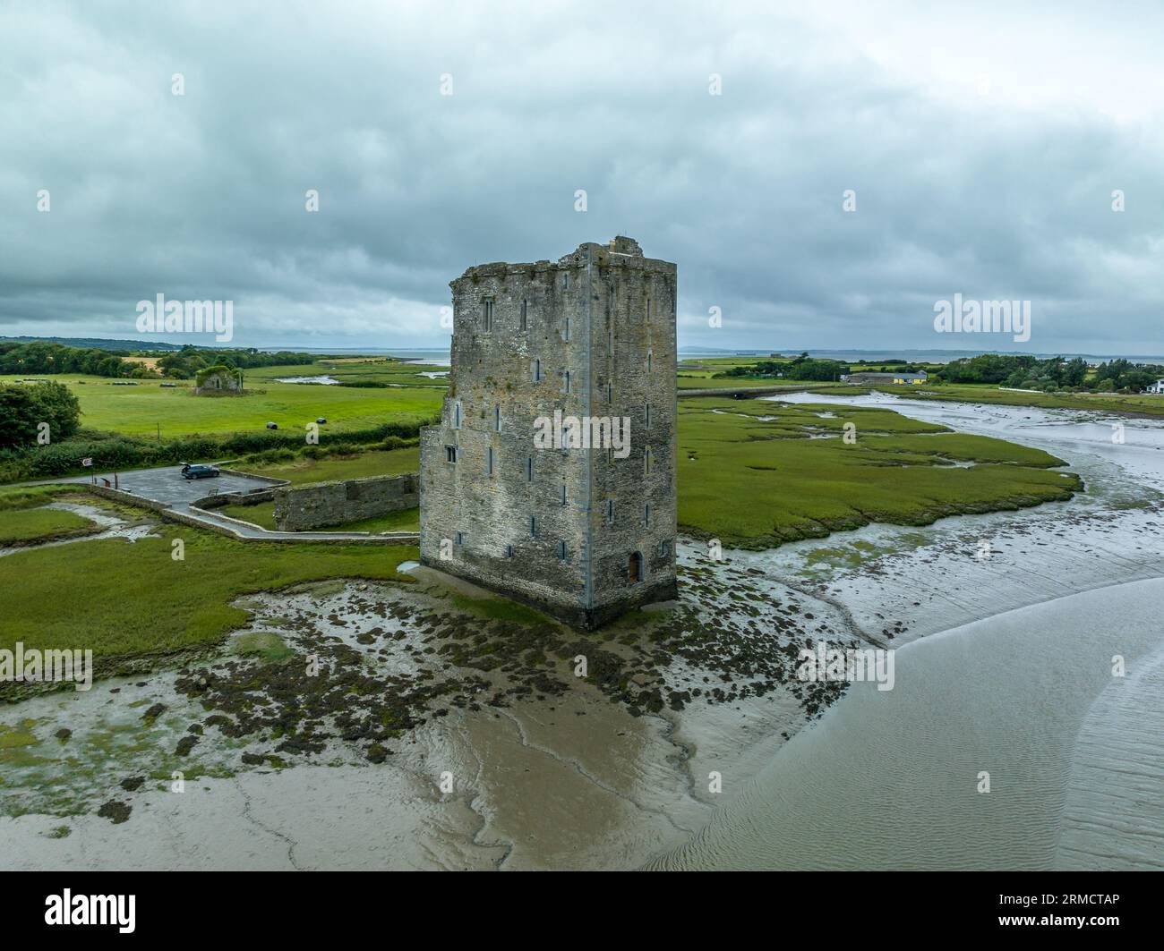 Aerial view of Carrigafoyle castle, ruined Irish tower house in Munster ...