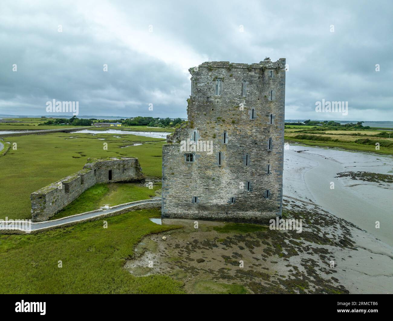 Aerial view of Carrigafoyle castle, ruined Irish tower house in Munster ...