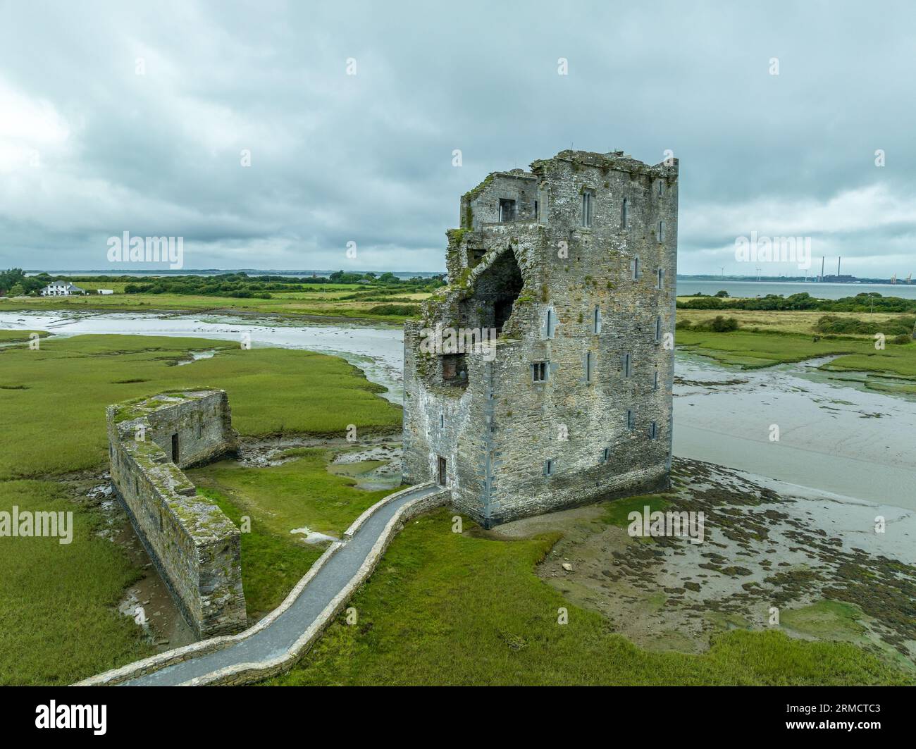 Aerial view of Carrigafoyle castle, ruined Irish tower house in Munster ...