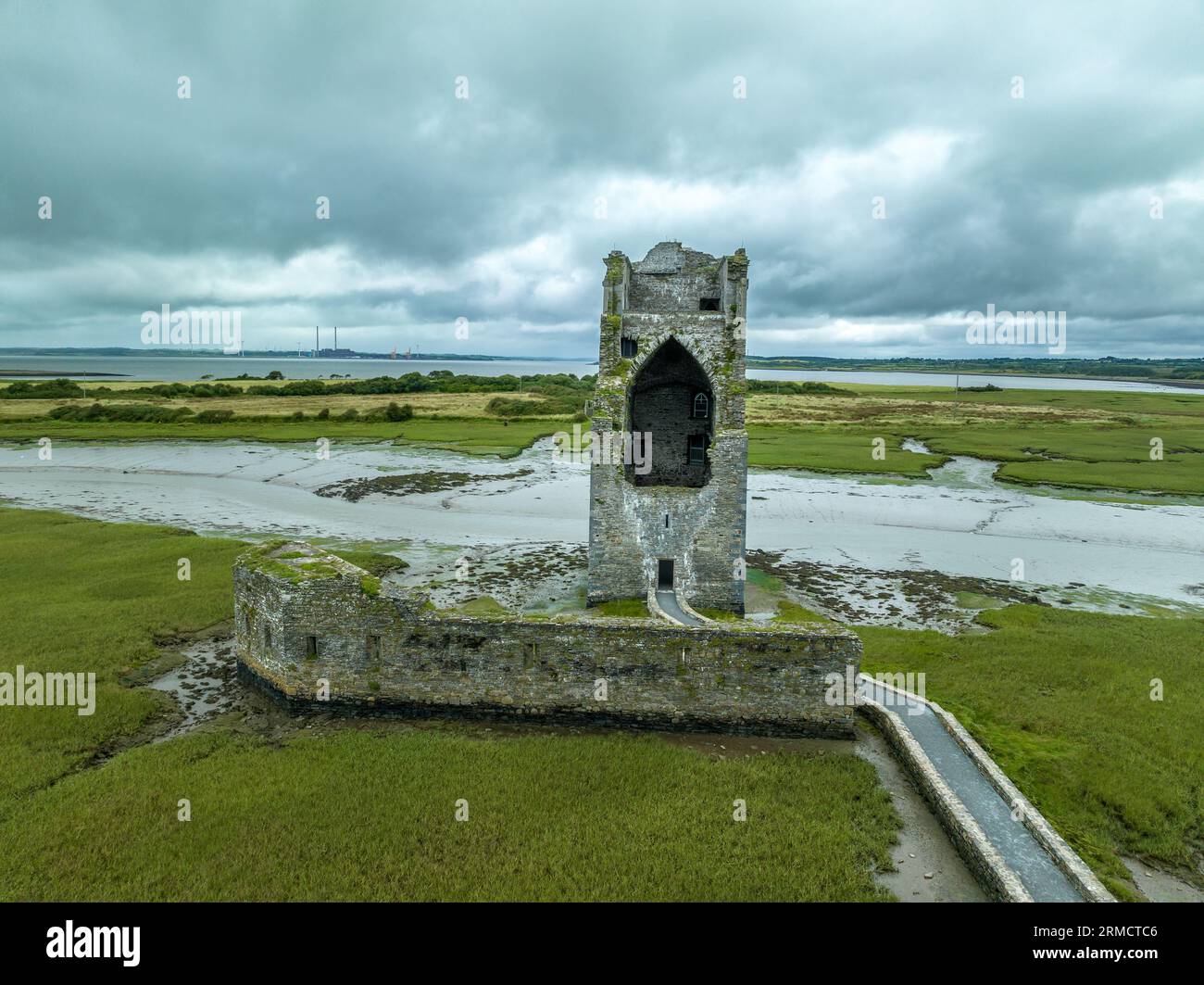 Aerial view of Carrigafoyle castle, ruined Irish tower house in Munster ...
