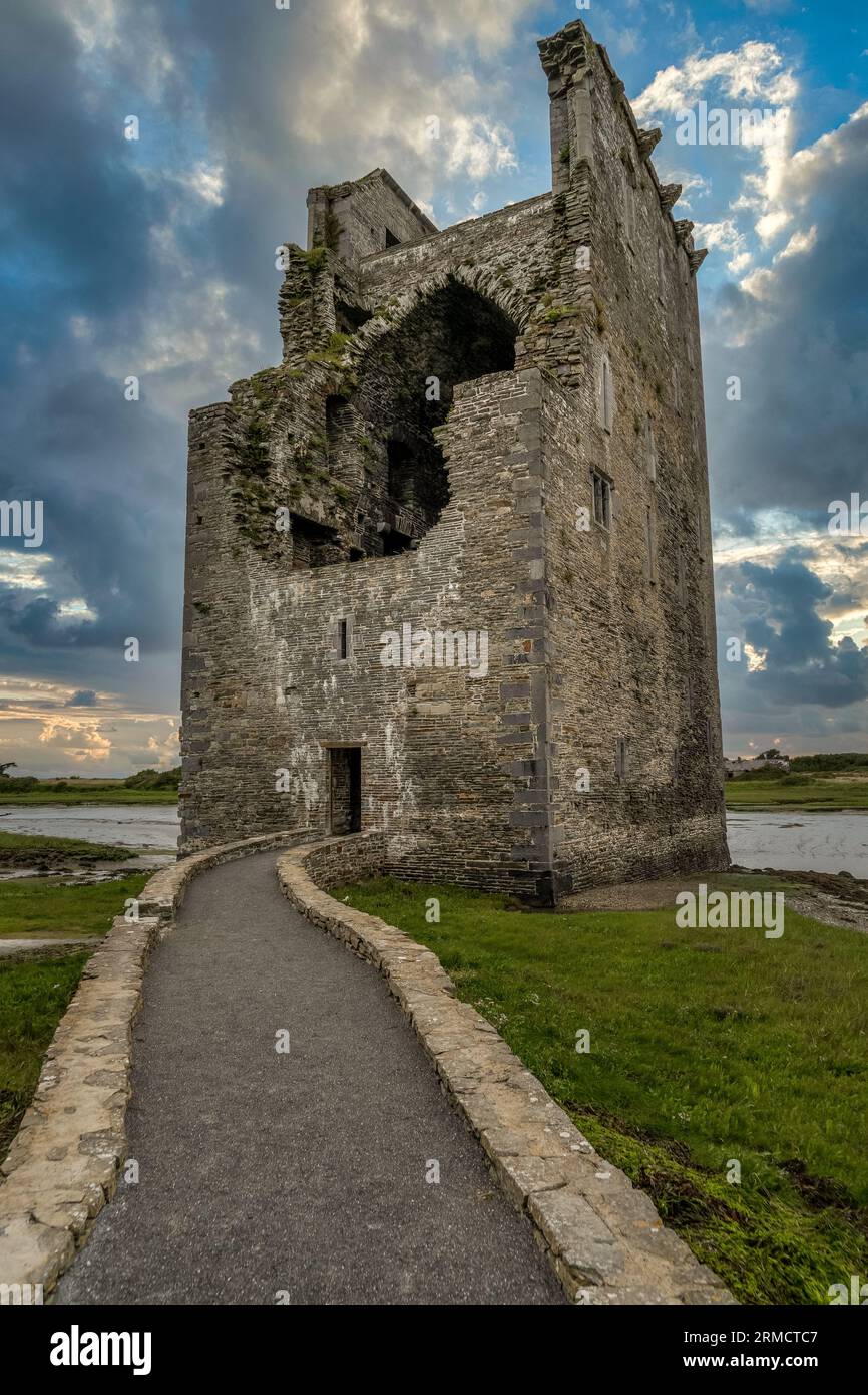Aerial view of Carrigafoyle castle, ruined Irish tower house in Munster ...