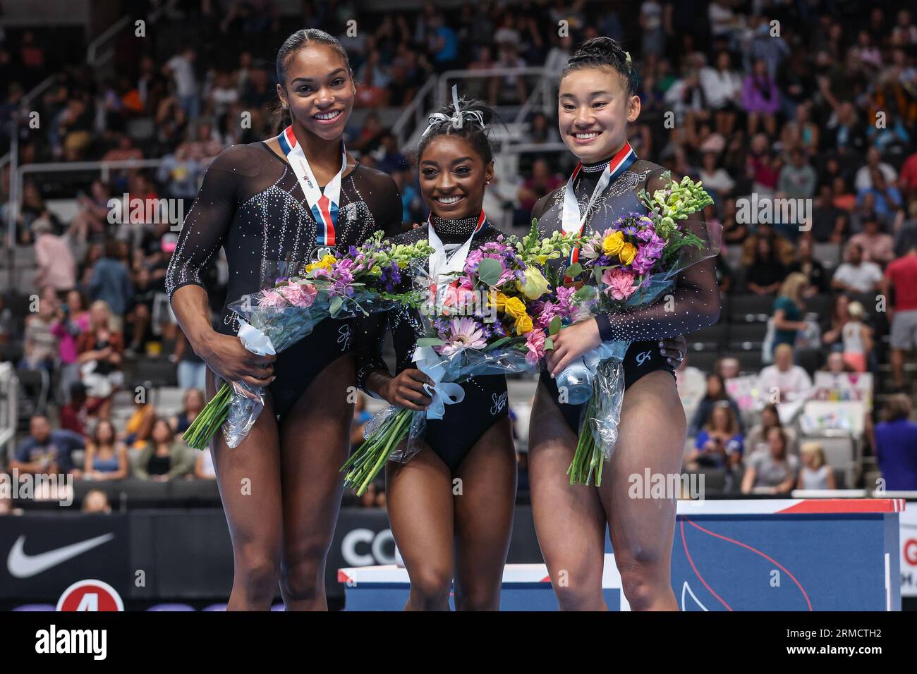 August 27, 2023: The top 3 all around finishers, (L to R) Shiles Jones ...