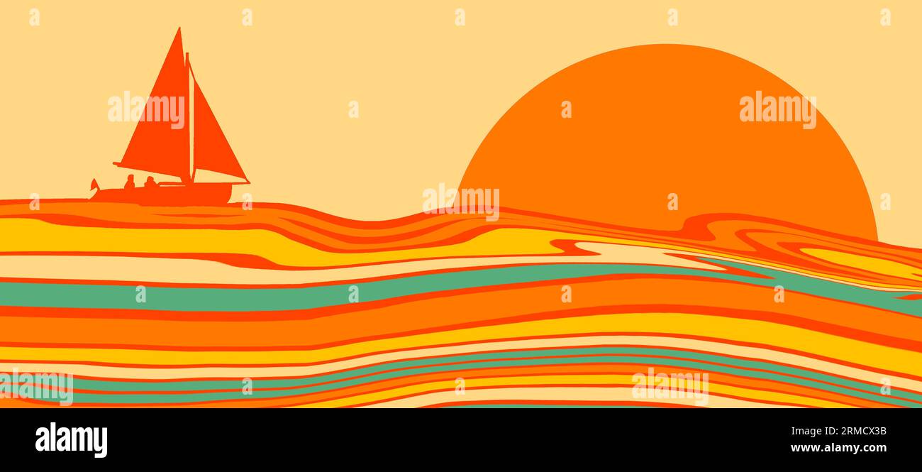 A sailboat and two passengers are seen in front of a colorful graphic ...