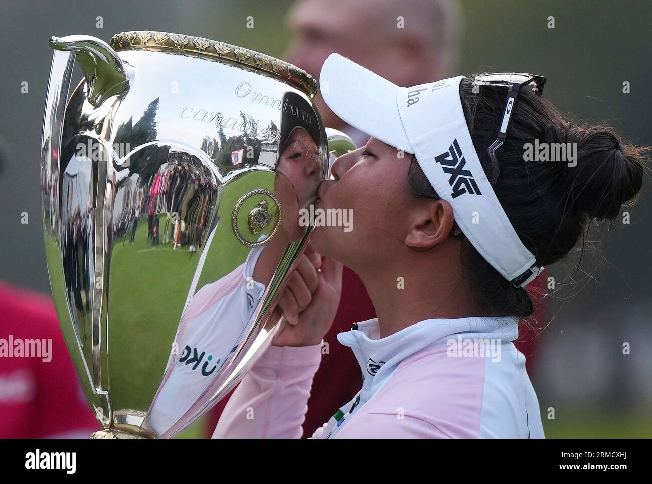 Megan Khang, of the U.S., kisses the trophy after winning the CPKC ...