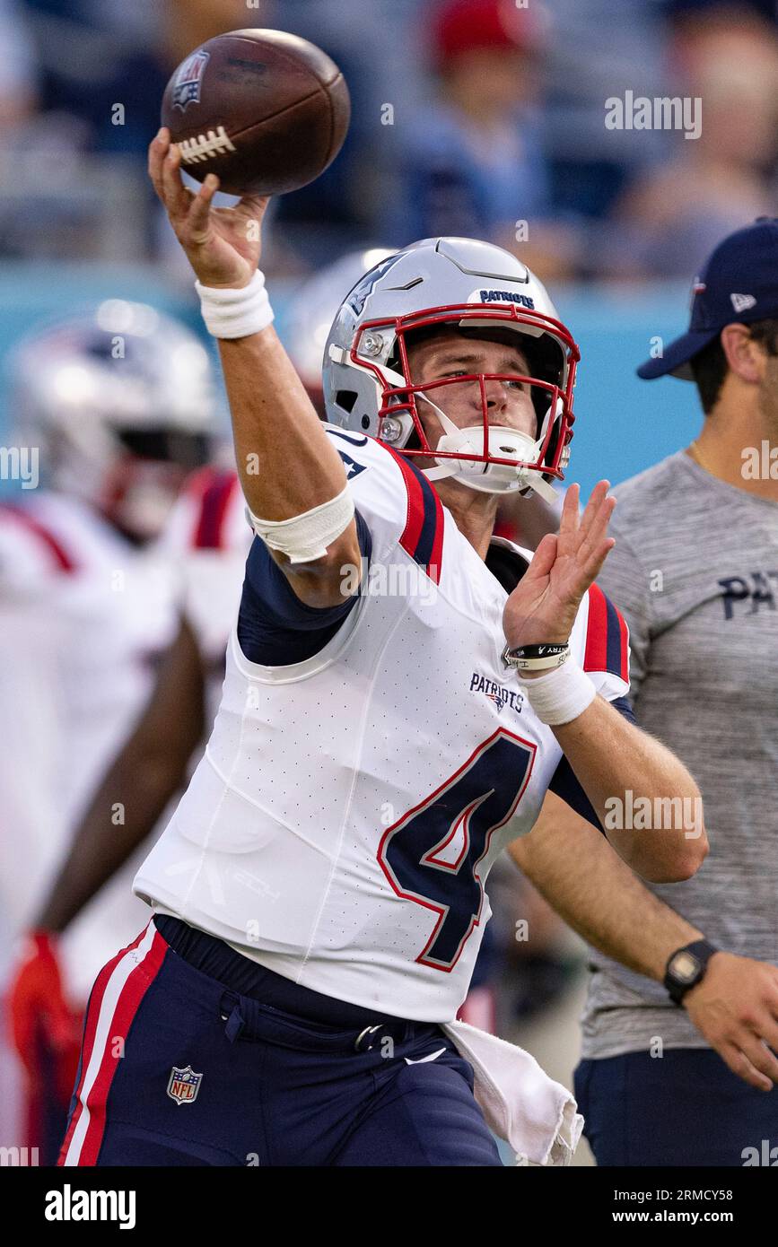 New England Patriots quarterback Bailey Zappe (4) throws during warmups ...