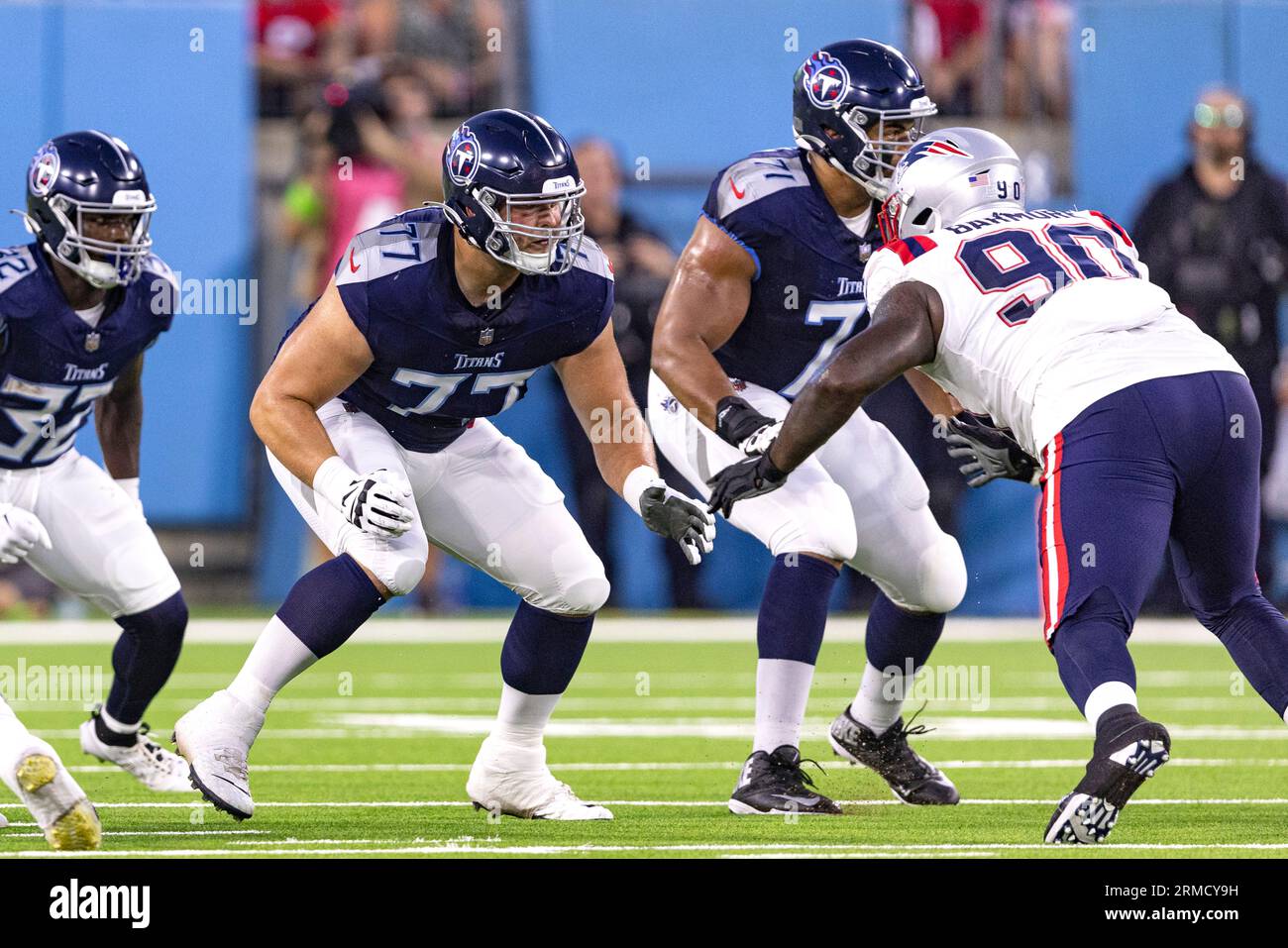 Tennessee Titans offensive tackle Peter Skoronski (77) prepares to ...
