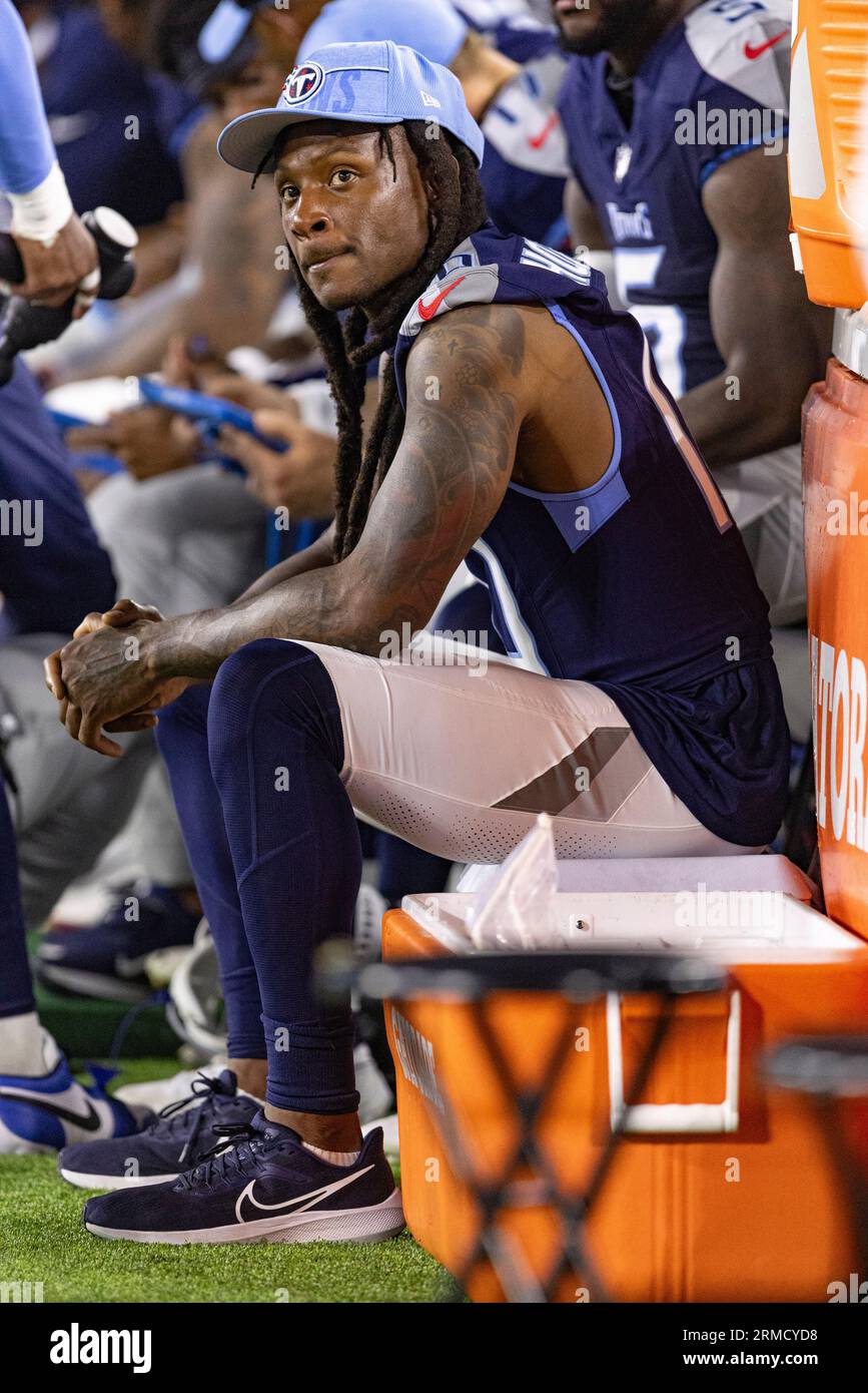 Tennessee Titans wide receiver DeAndre Hopkins (10) sits on the bench during their NFL football ...