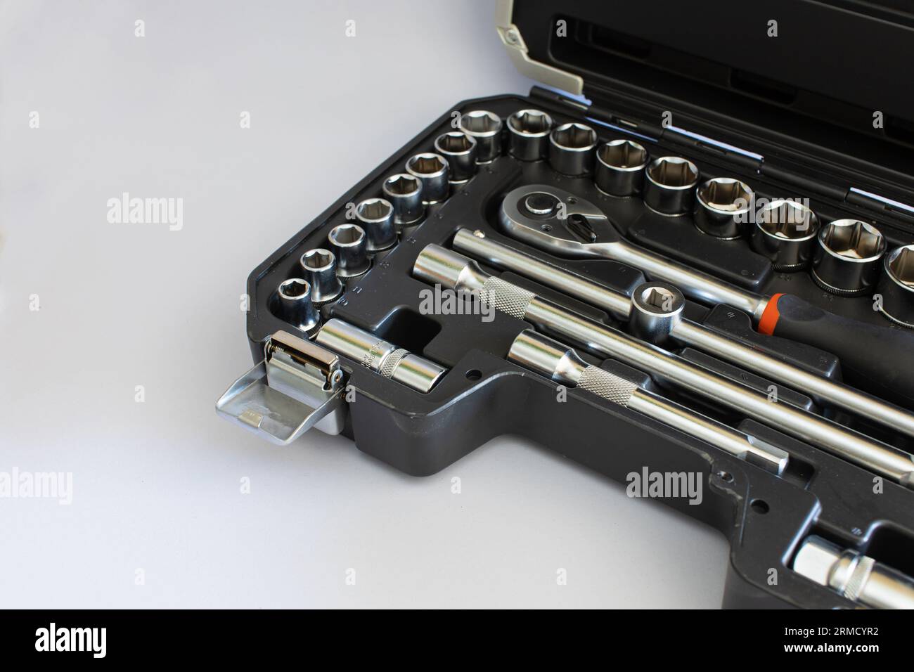 set of wrenches in toolbox white background Stock Photo - Alamy