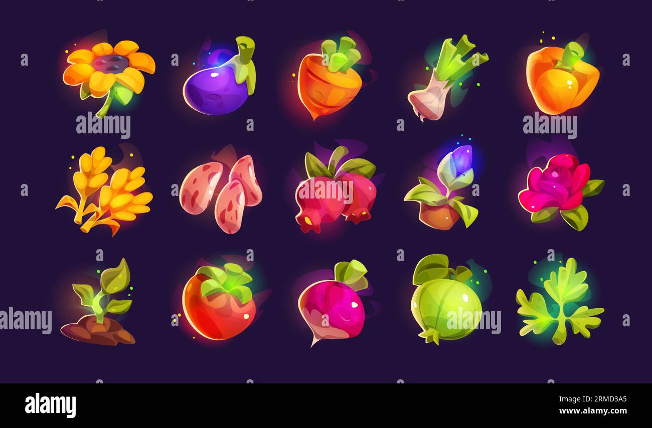 Farm and gardening ui game fruit and vegetable set. Isolated food item ...