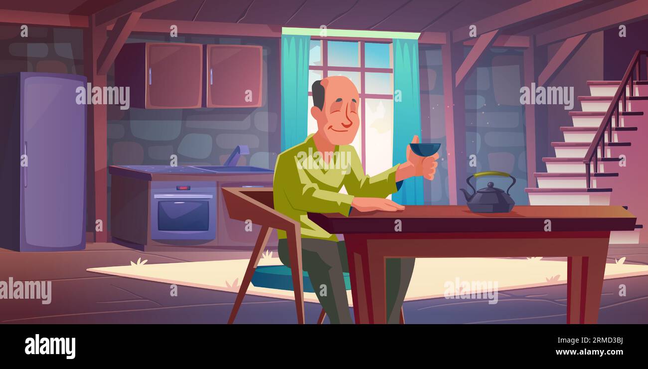 Asian man drinking tea in morning kitchen. Vector cartoon illustration ...