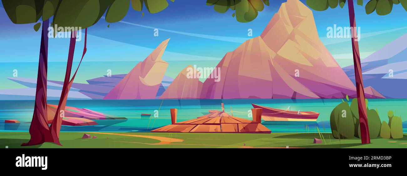 Mountain lake with dock and boat cartoon vector background. Summer ...