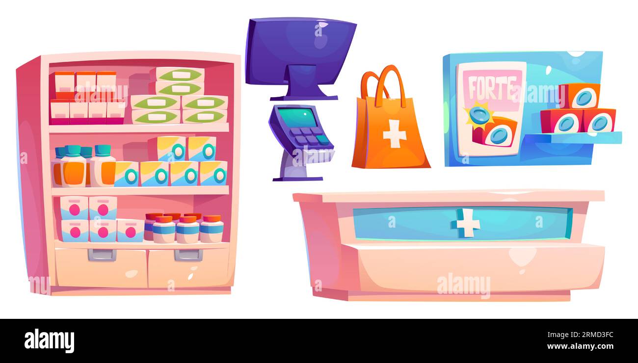 Pharmacy store furniture set vector illustration. Pharmacist counter ...