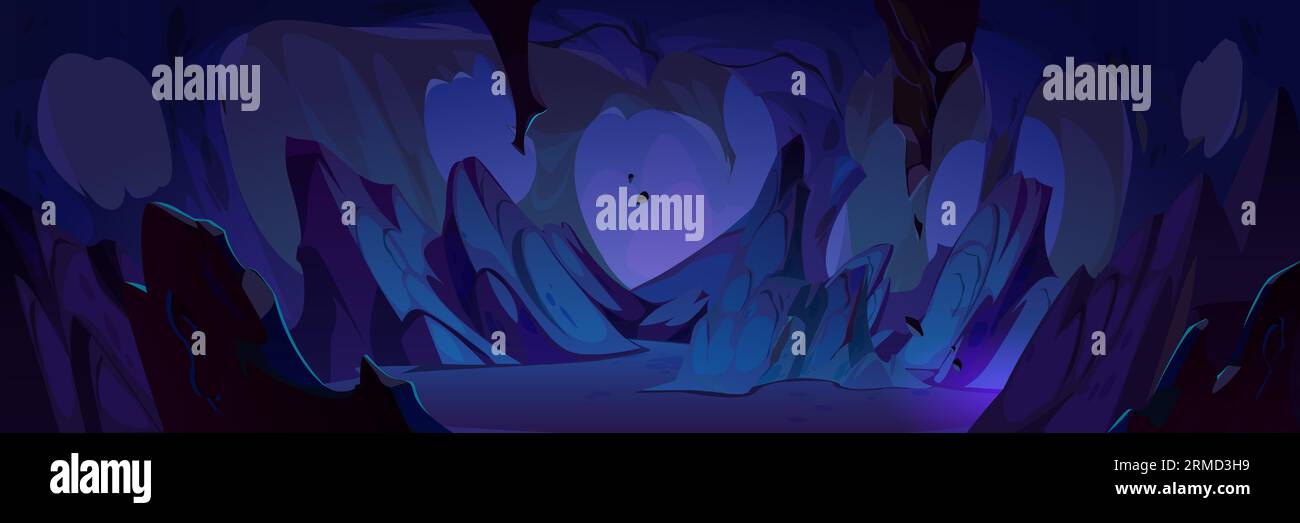 Dark cave or mine with stone walls and stalactites on the inside ...