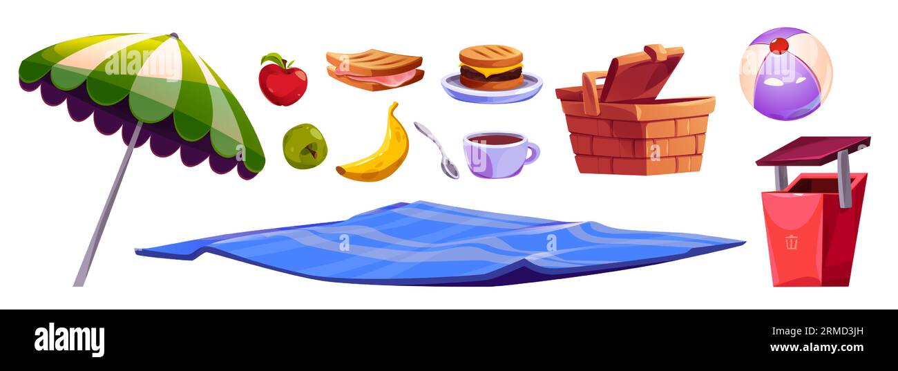 Food and equipment for picnic in park and open-air holidays. Cartoon ...