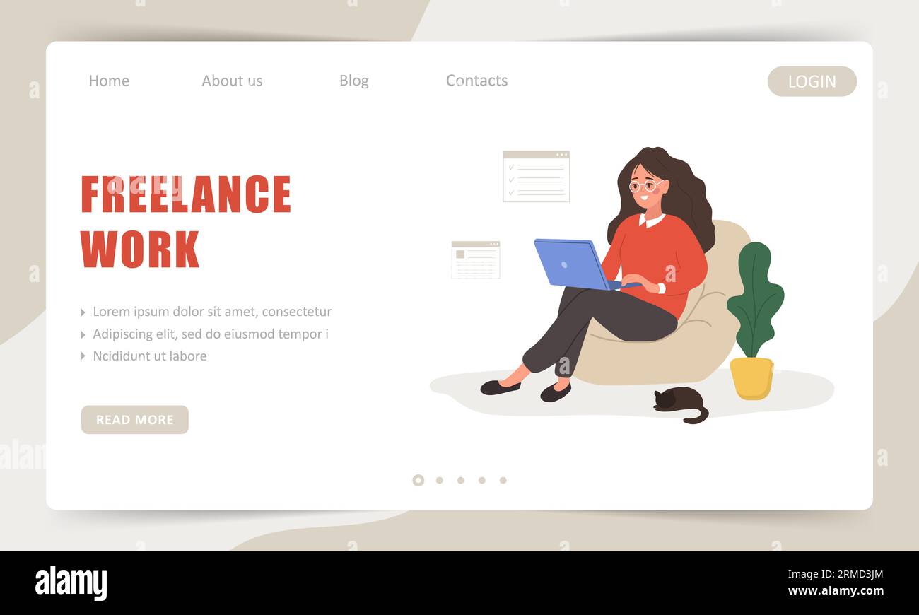 Freelance work landing page template. Female entrepreneur. Successful woman sits with laptop and ...