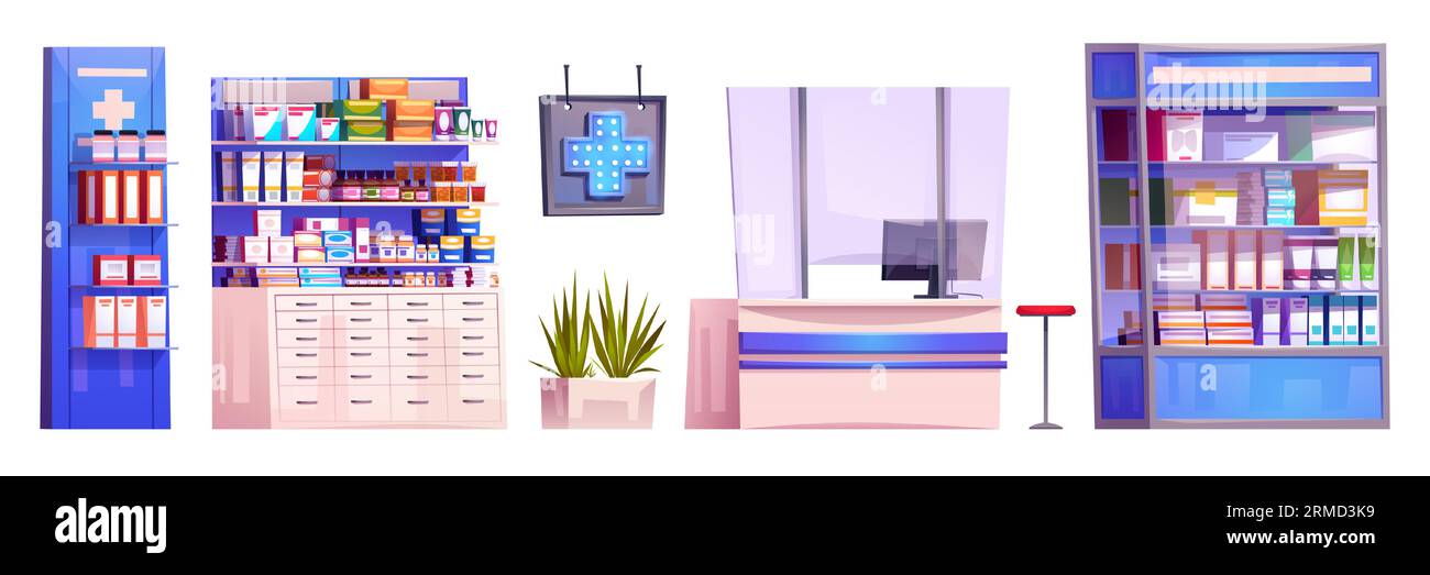 Pharmacy equipment - cartoon drugstore shelves and racks with boxes ...
