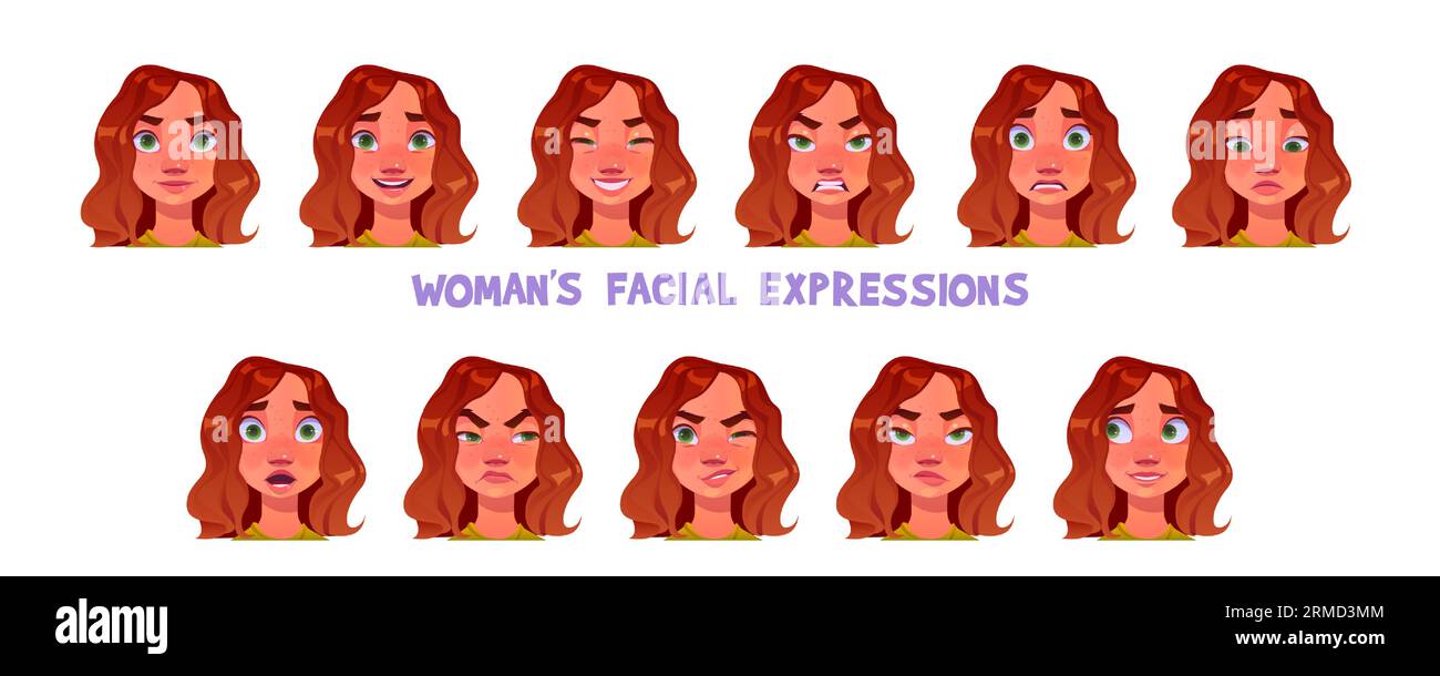 Cartoon woman character face emotion vector set. Various female ...