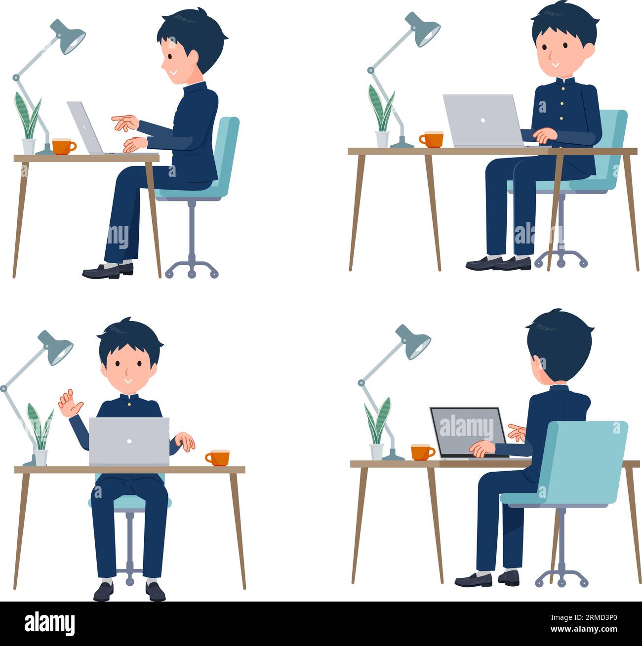 A set of School boy working at a desk at a computer.It's vector art so ...