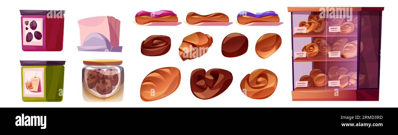 Bakery shop interior elements and pastries set - glass showcase with ...