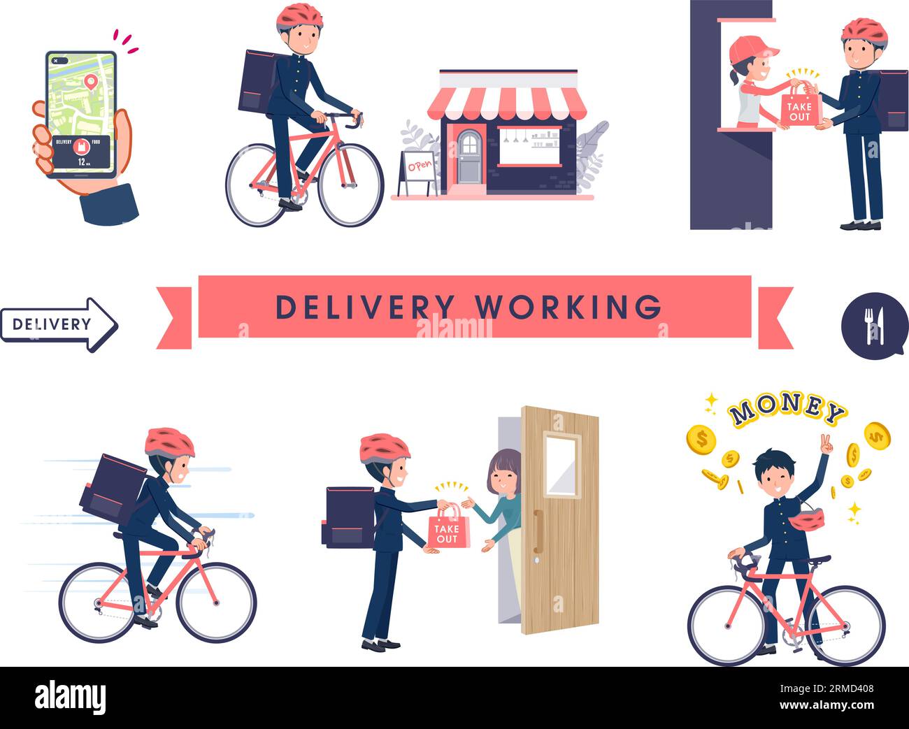 A set of School boy doing delivery work.It's vector art so easy to edit ...