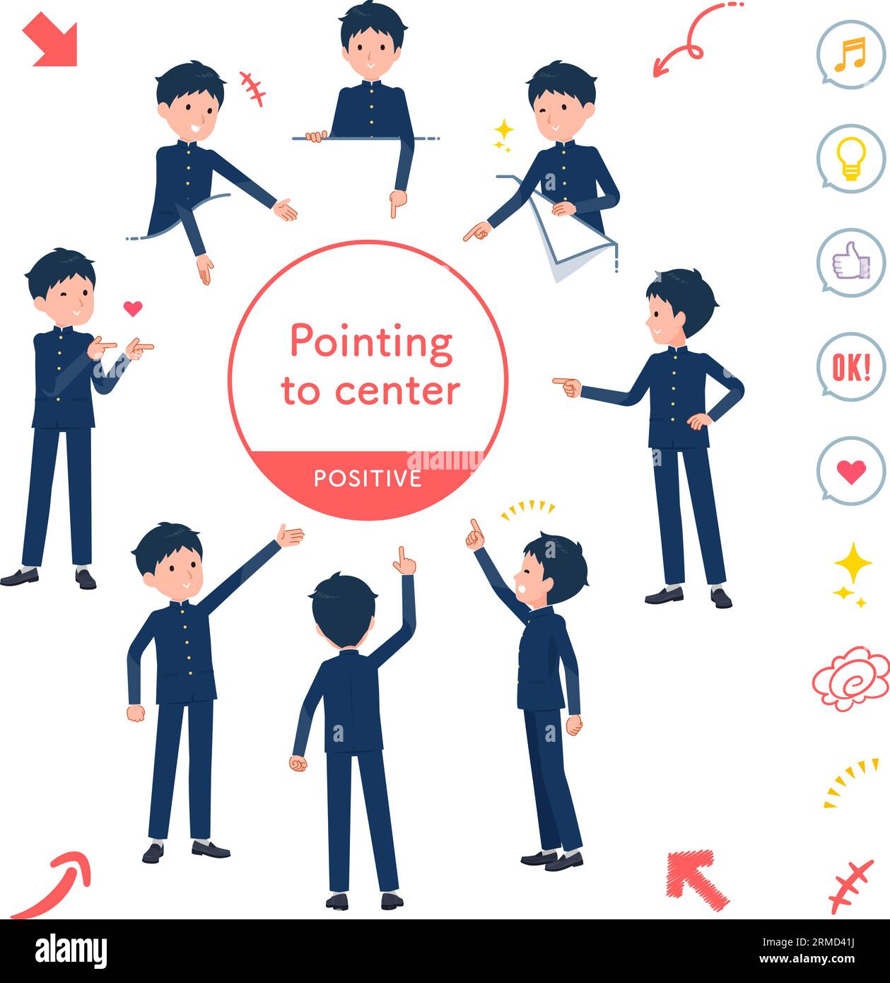 A set of School boy pointing in different directions.Positive ...