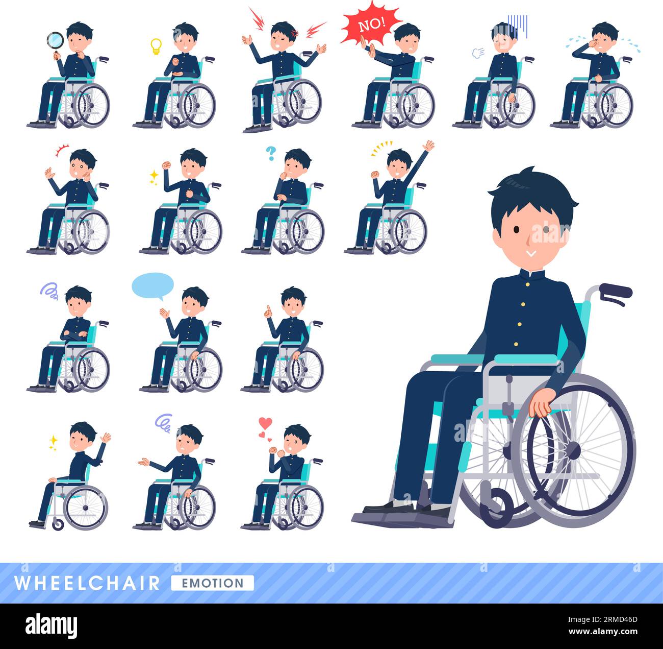 A set of School boy in a wheelchair.It depicts emotions such as ...