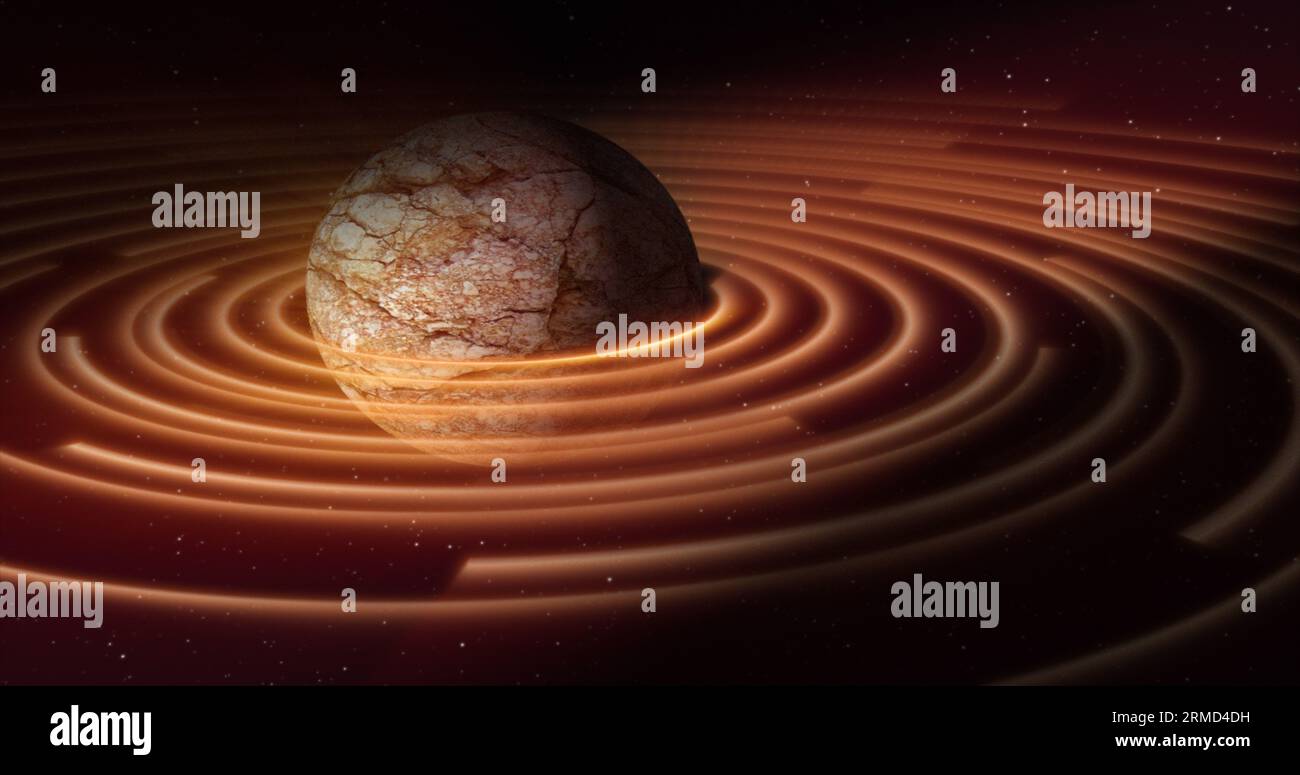 Abstract yellow brown space planet with a round asteroid belt ring ...