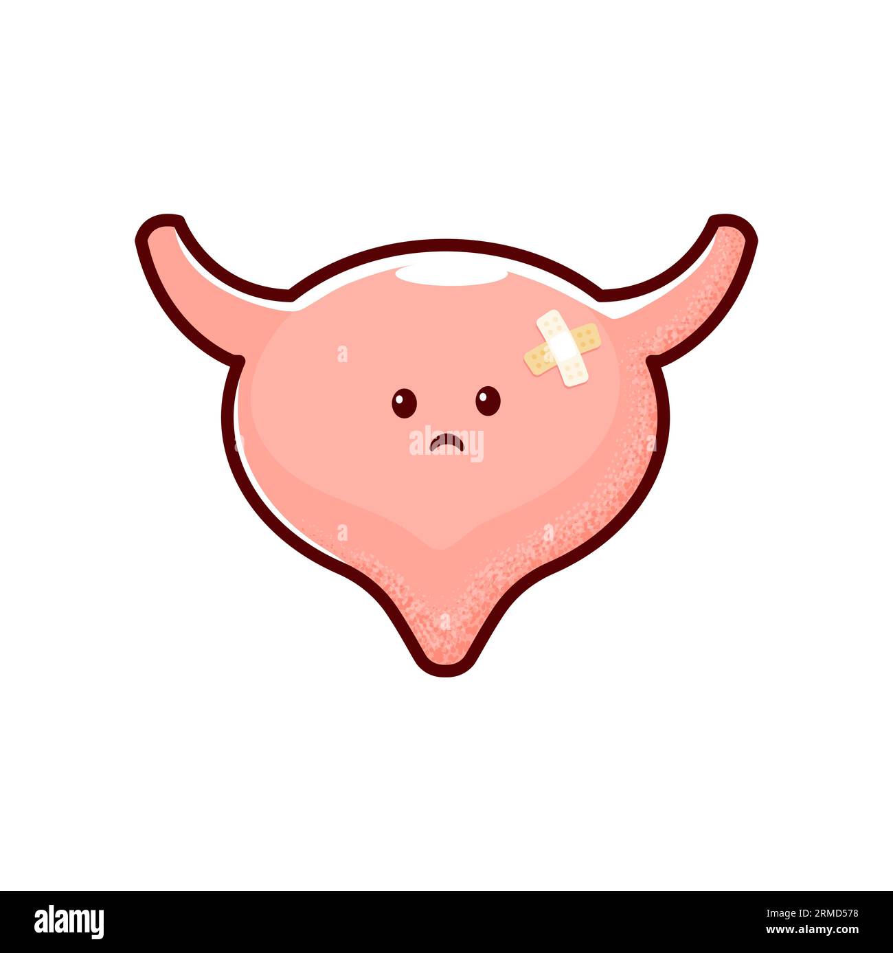 Cartoon sick bladder organ character with urethra, sad face and bandage ...