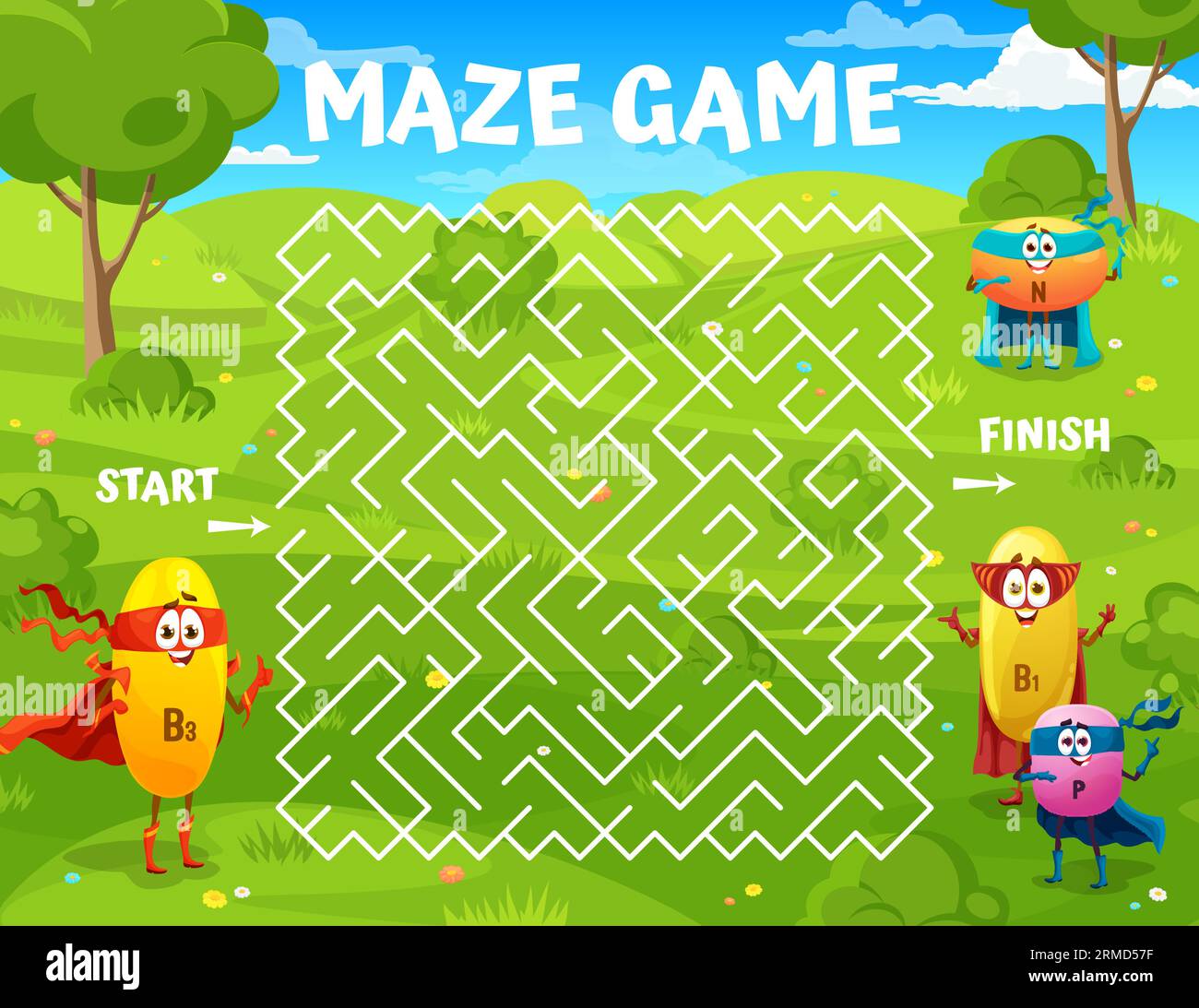 Labyrinth maze game, help to cartoon superhero vitamin character to ...