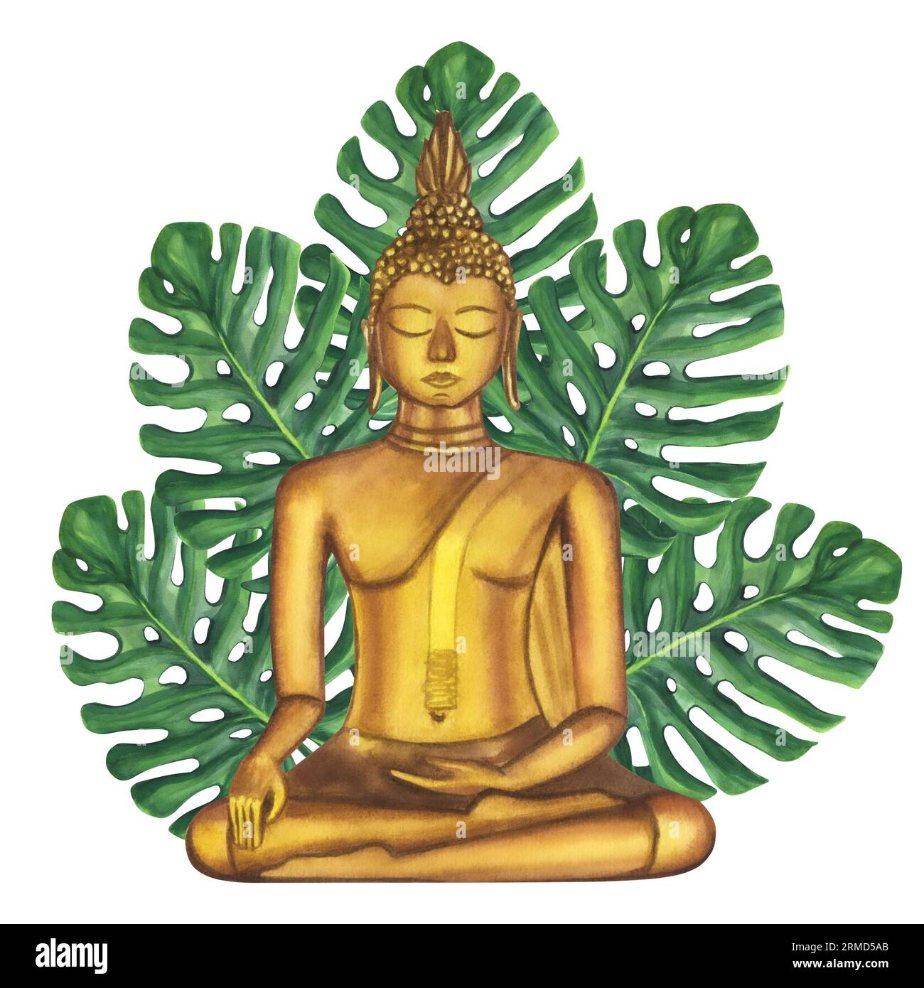 Golden Buddha, tropical green palm leaves monstera. Religious symbol of ...