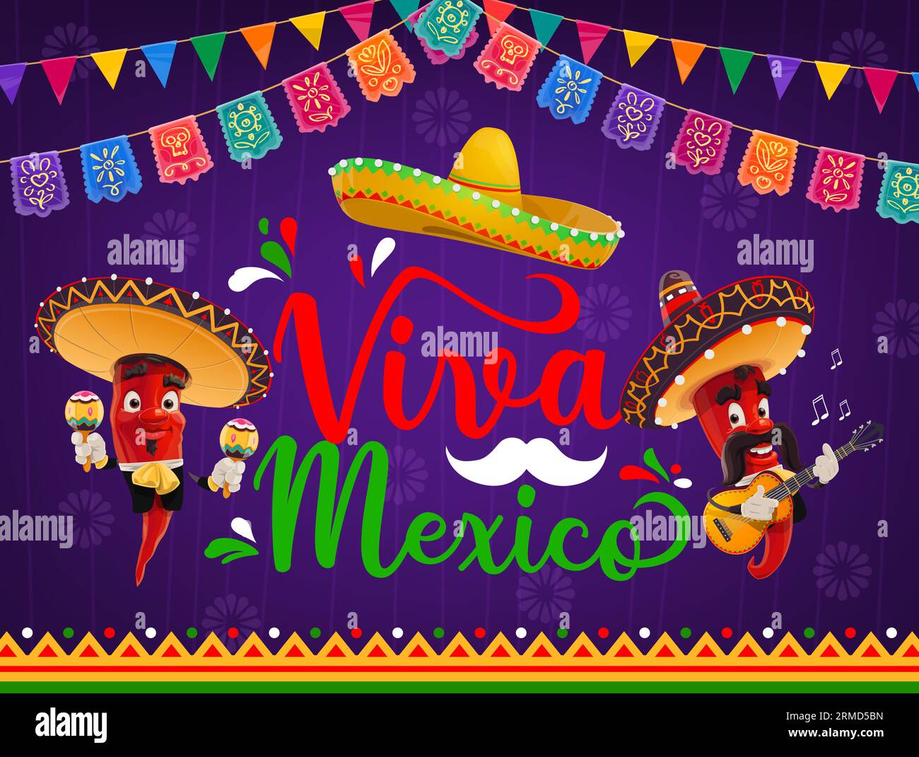 Viva Mexico banner with mariachi pepper musician characters, sombrero ...