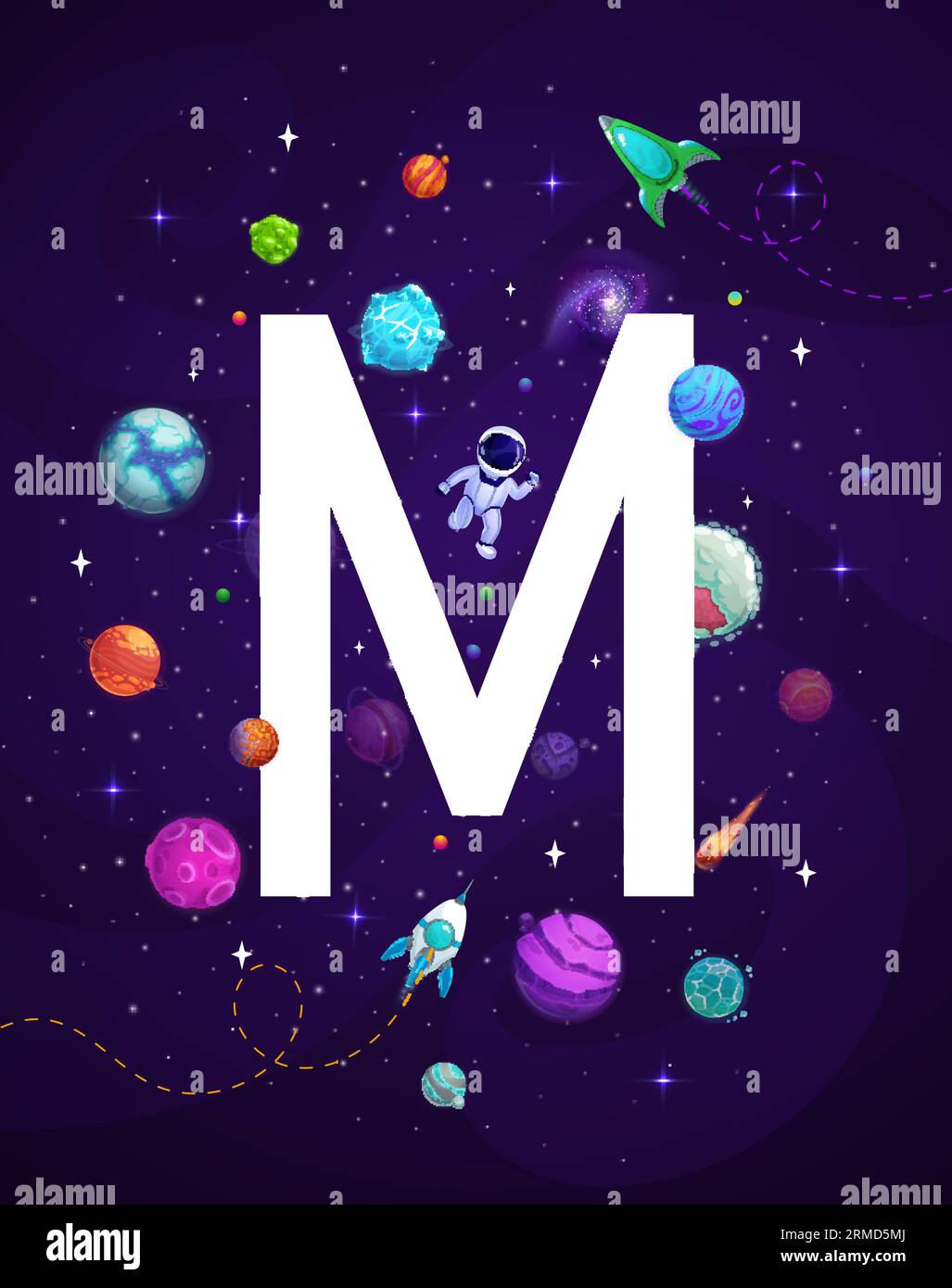 Cartoon space letter M. Kids alphabet vector poster of galaxy planets ...