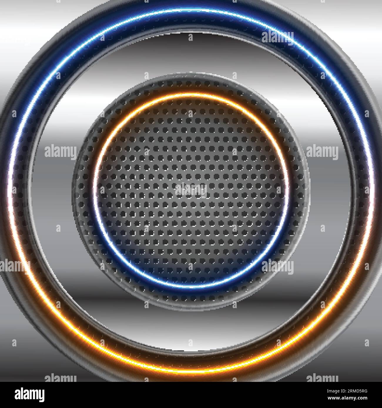 Metallic and glow neon circles on dark grey perforated background ...