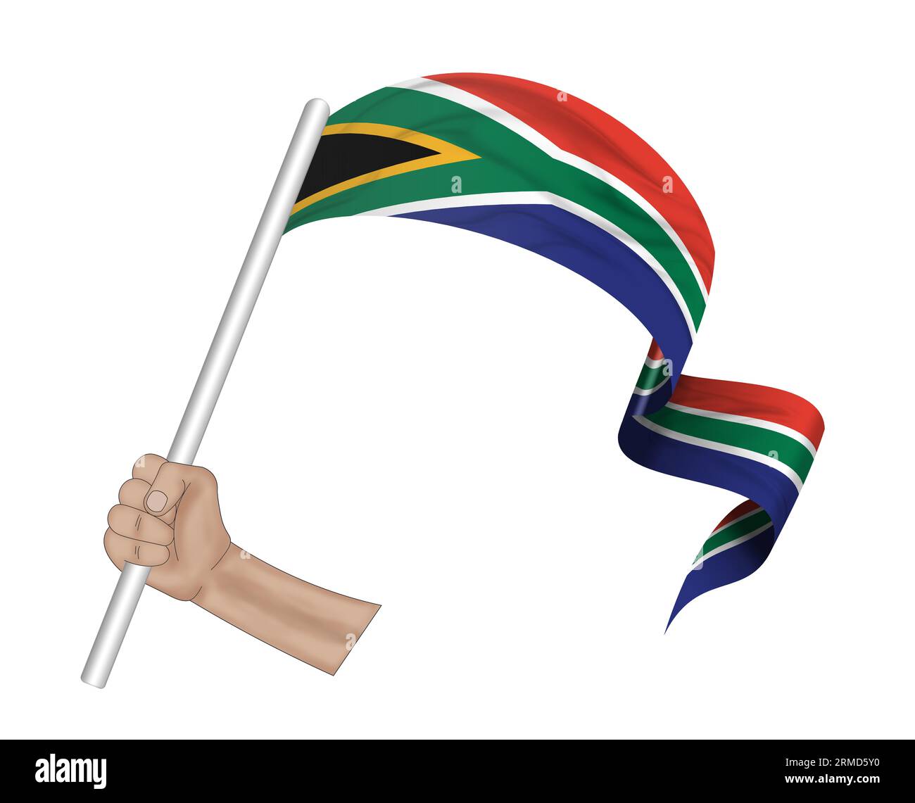 3D illustration. Hand holding flag of South Africa on a fabric ribbon ...