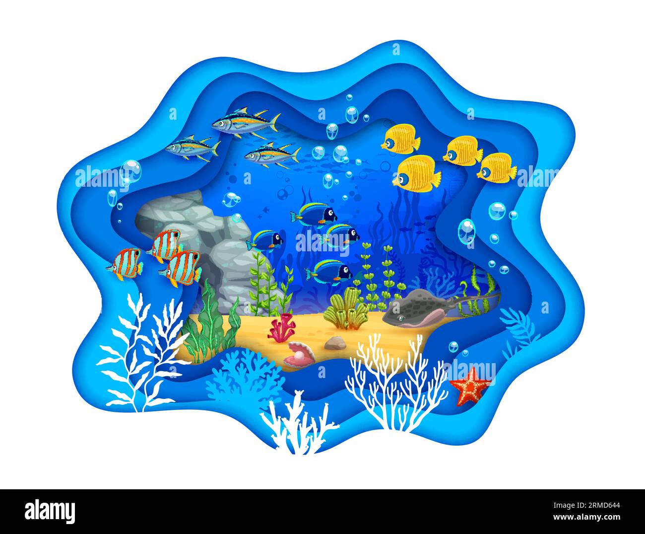 Cartoon tropical sea paper cut underwater landscape. Fish shoal ...
