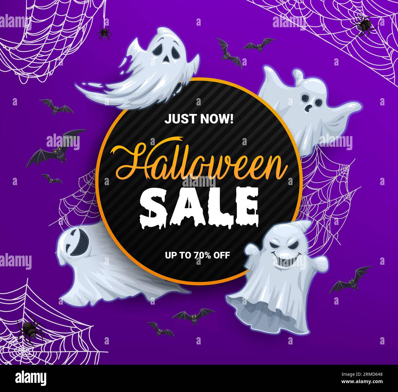 Halloween sale banner, cartoon scary ghosts and spiders on cobweb. Vector promo background for ...